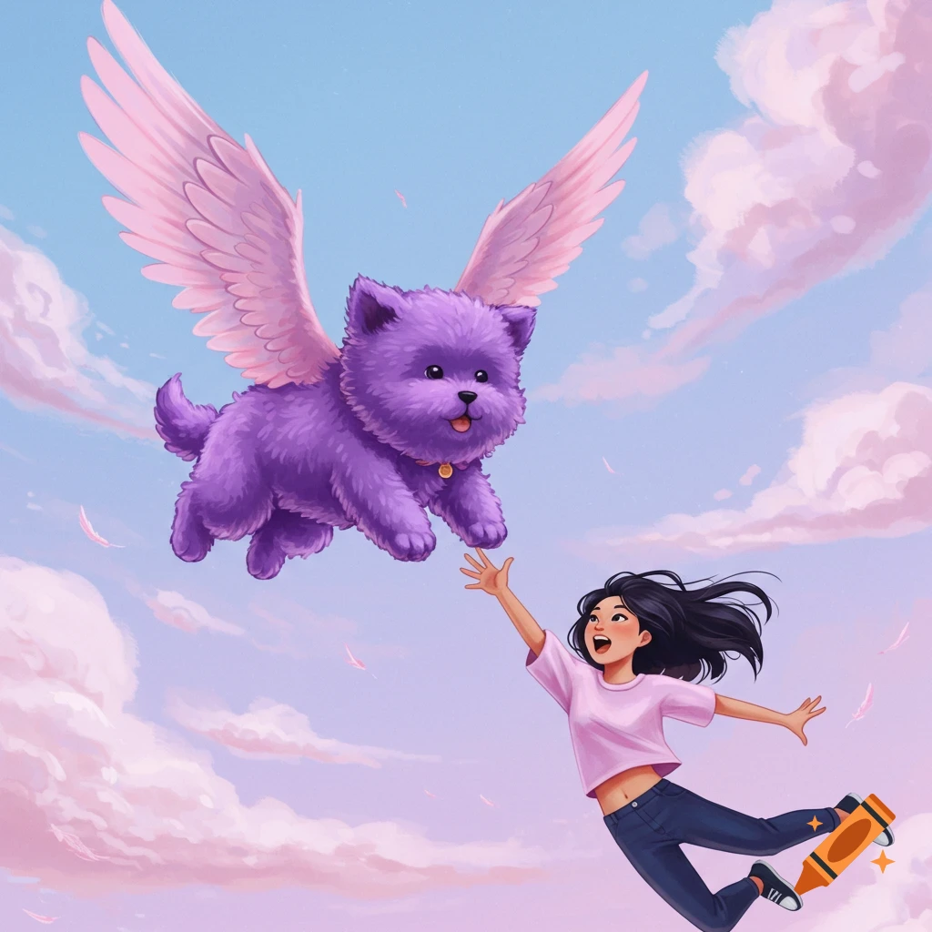 A purple flying puppy with pink wings floats in a pastel sky as a girl ...