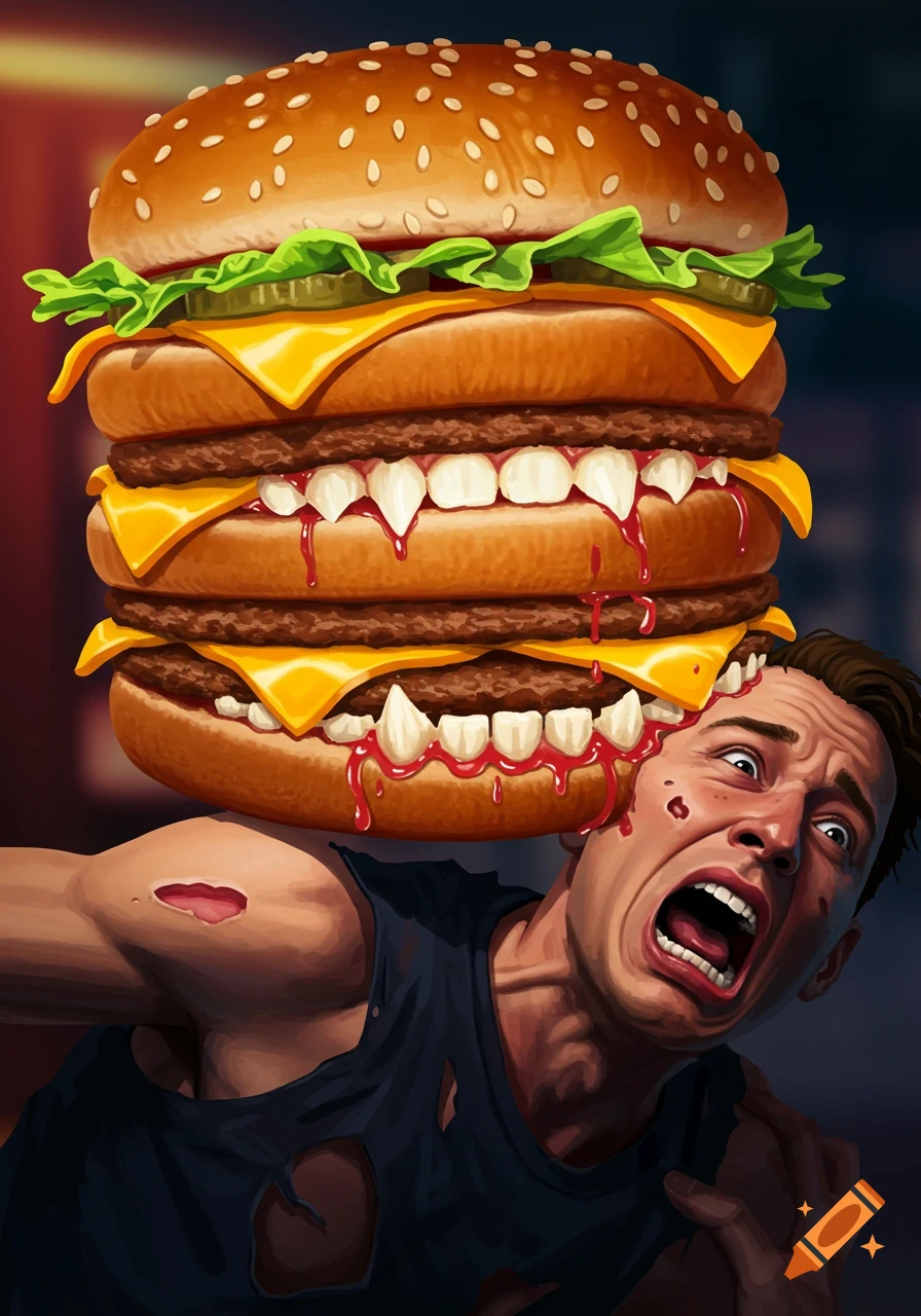 Stylized illustration of a giant monster burger with fangs and blood ...