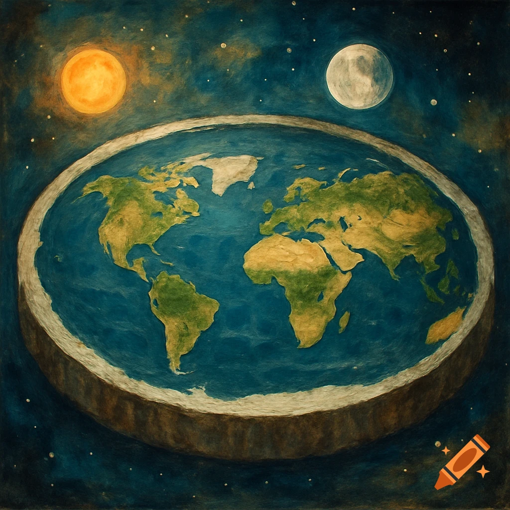 A stylized map depicting a flat Earth with continents, surrounded by ...