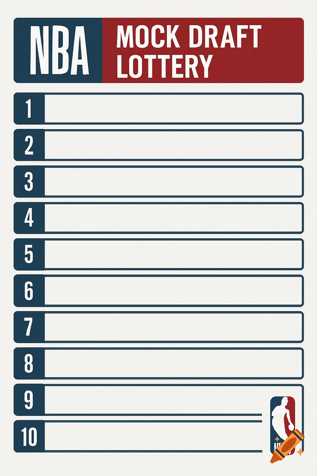 An empty NBA mock draft lottery graphic template with numbered slots ...