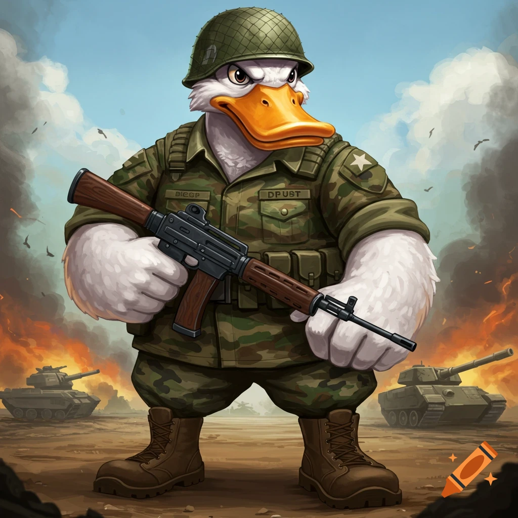 A cartoon duck soldier in military uniform, holding a rifle on a ...