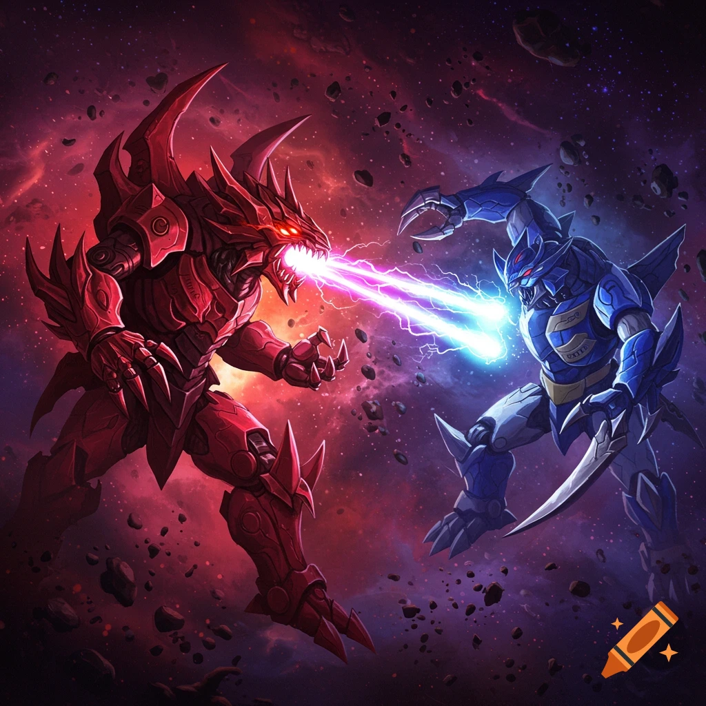 Two red and blue robotic monsters with sharp claws and teeth battle in ...