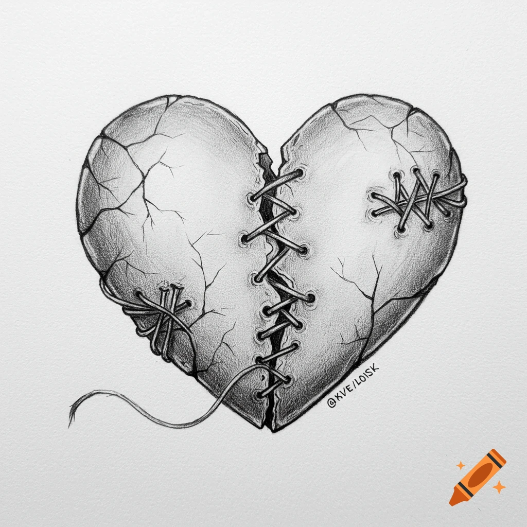Pencil drawing of a broken heart stitched and mended with laces. on Craiyon