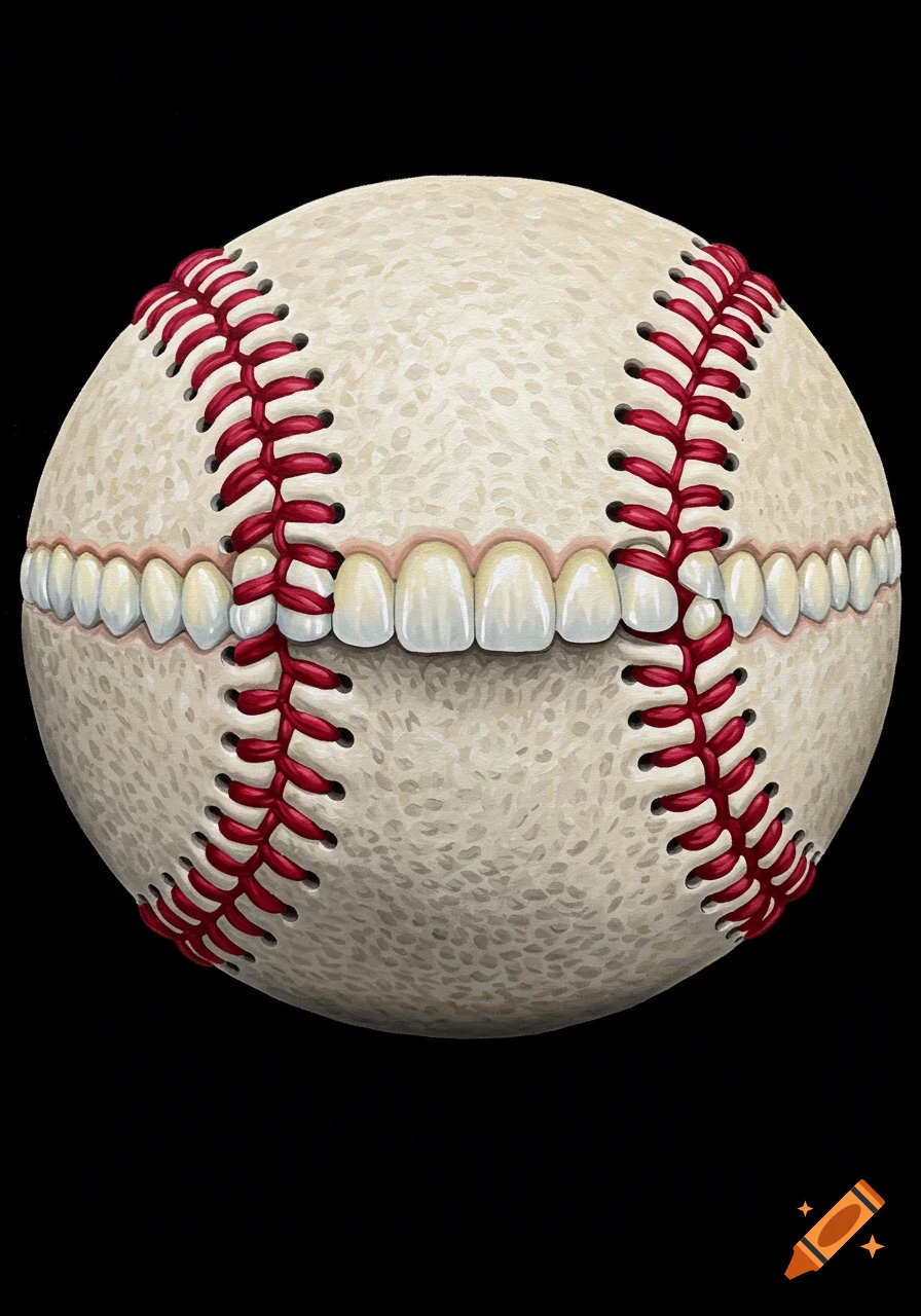 A close-up of a baseball with human teeth where the red seams would ...