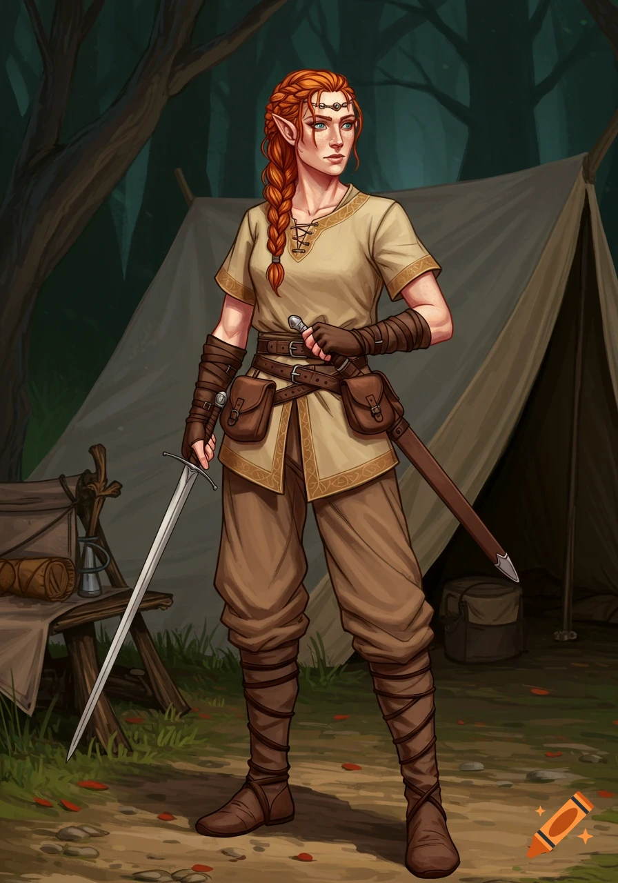 A red-haired wood elf woman in a tunic and trousers stands in a camp ...