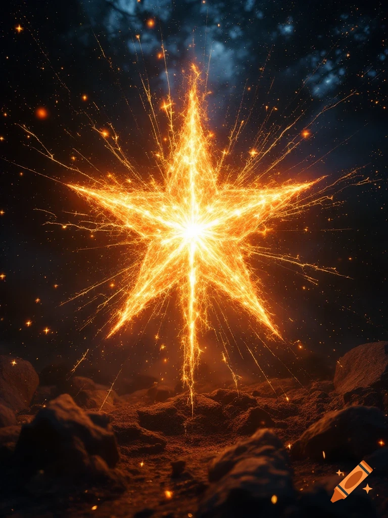 A bright, fiery star glowing intensely over a dark, rocky landscape ...