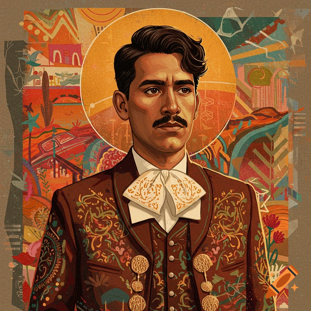 A colorful Chicano art portrait of a man with a mustache in a brown ...