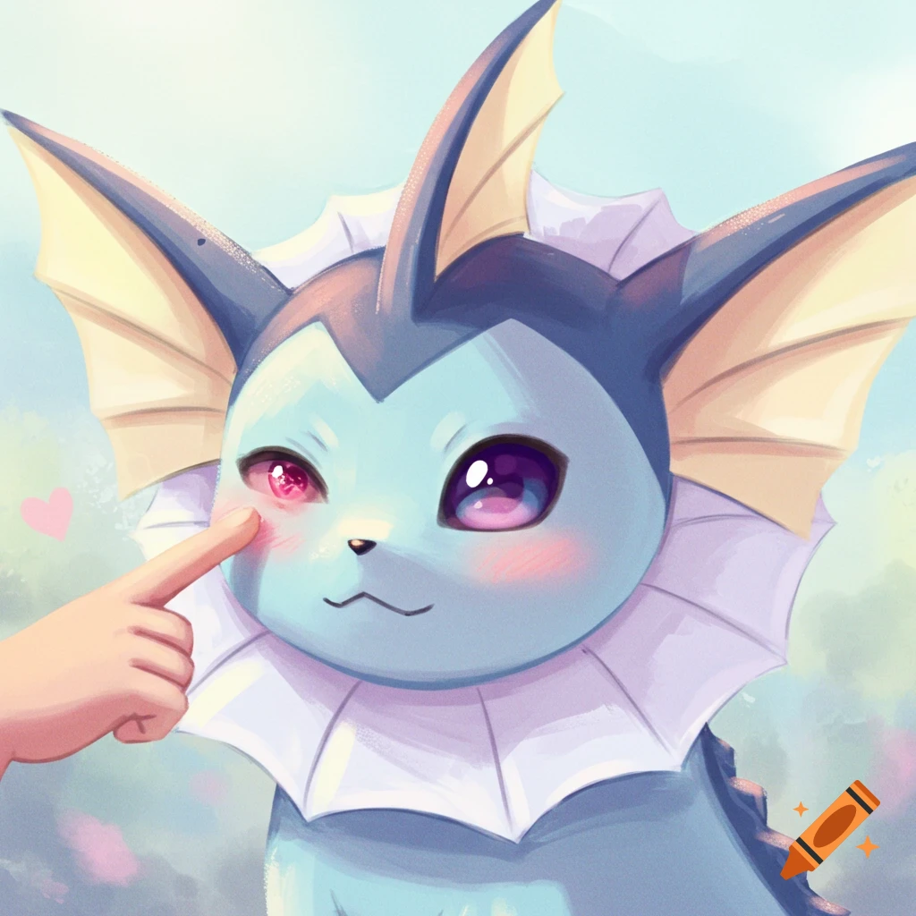 A cute Vaporeon with one pink eye and one purple eye, being poked in the eye by a human hand ...