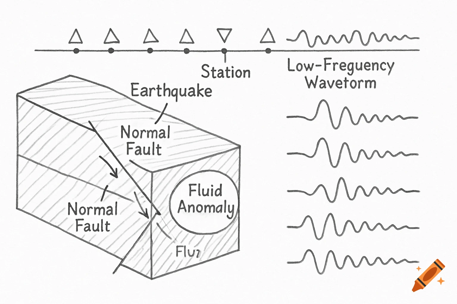 Sketch diagram of a normal fault triggering an earthquake, showing ...