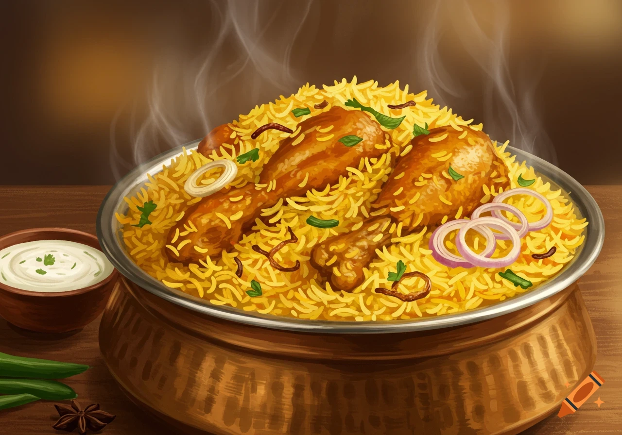 Steaming chicken biryani in a copper pot with raita on the side ...