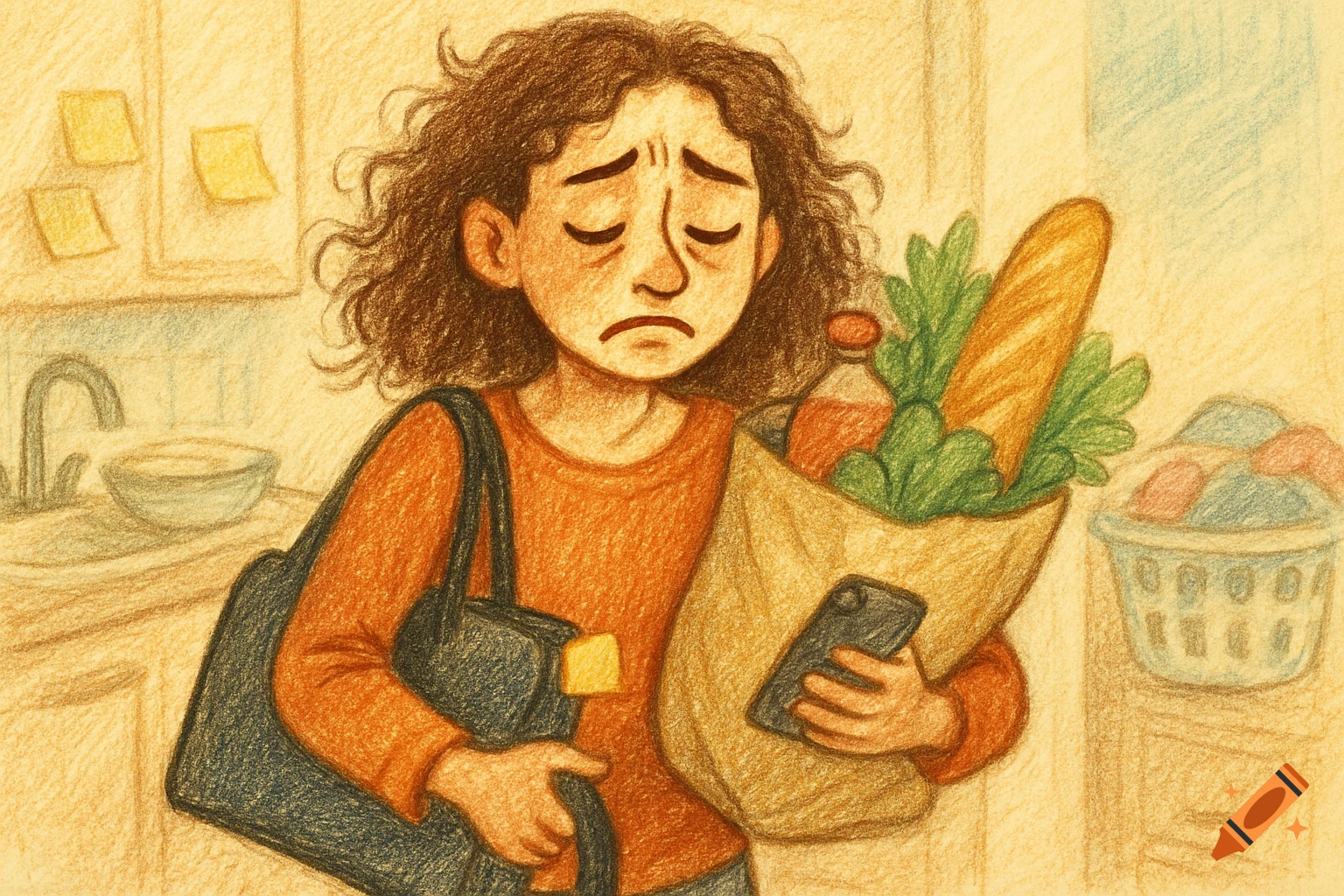 An overwhelmed woman with messy hair, holding a grocery bag and a purse ...