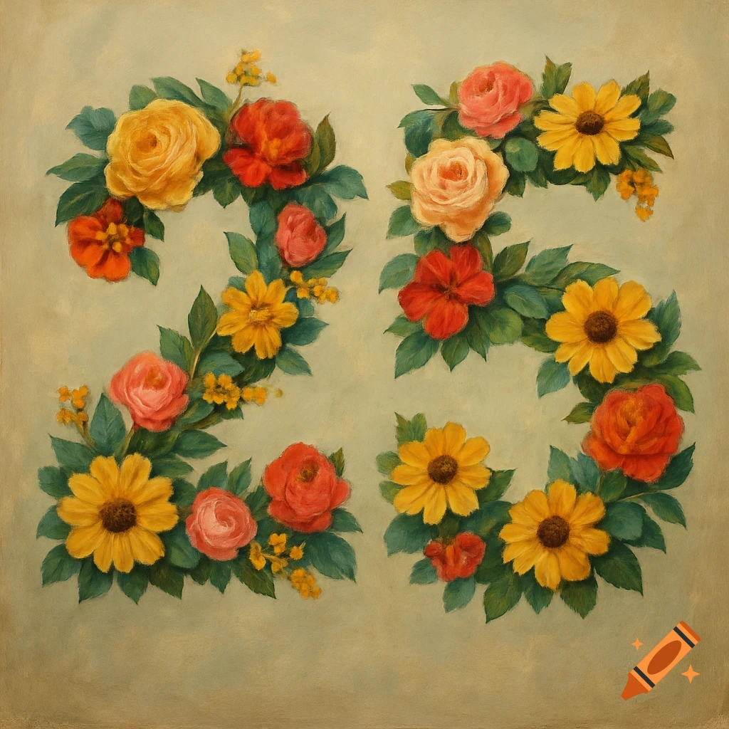 The number 25 formed by vibrant red, yellow, and pink flowers and green ...