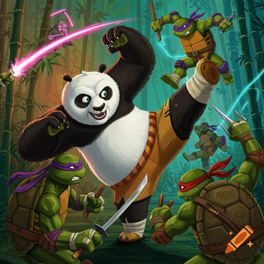Kung Fu Panda Po battles the Teenage Mutant Ninja Turtles with martial ...