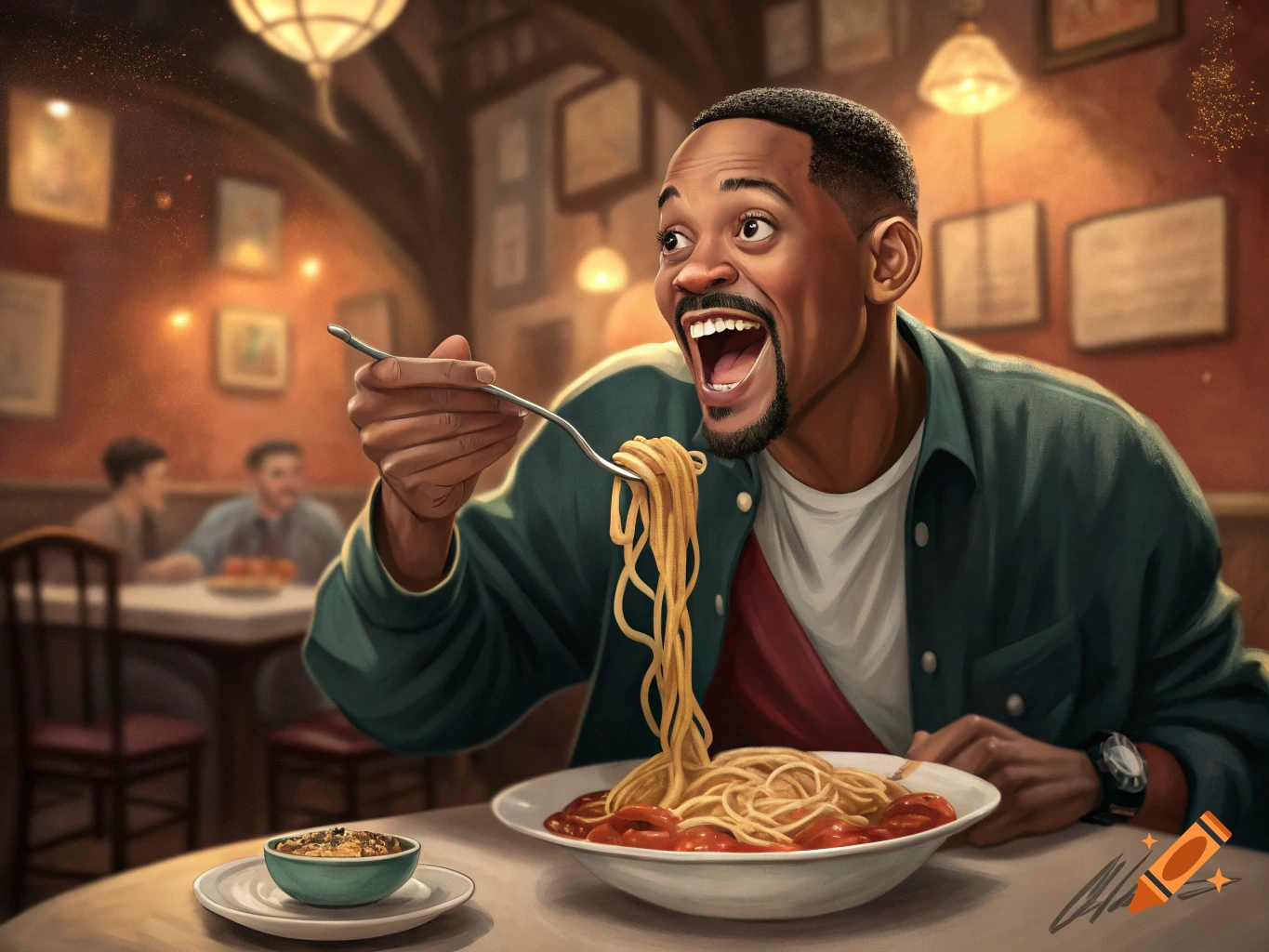 Will Smith excitedly eats a large forkful of spaghetti in a warm, dimly ...