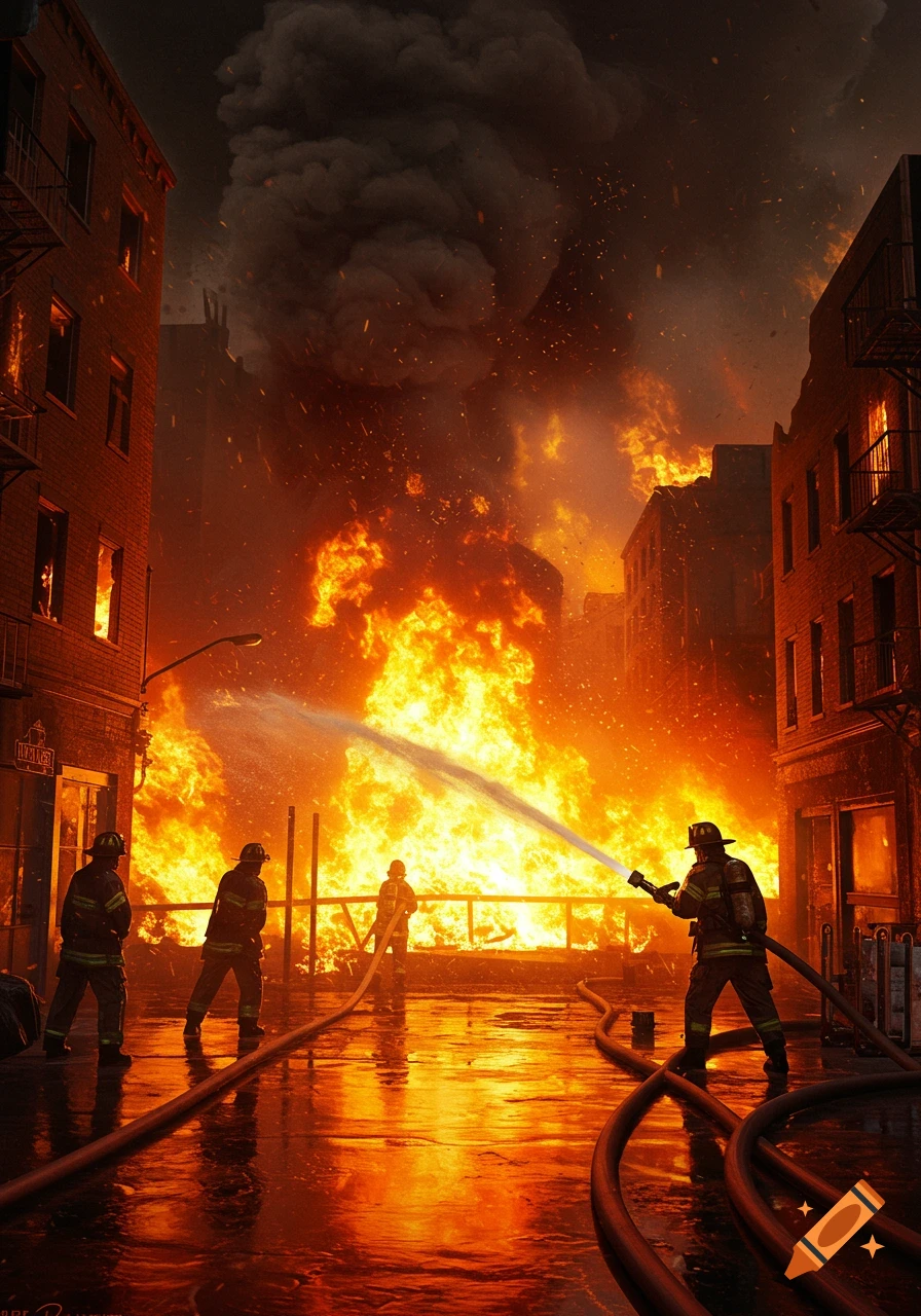 Firefighters battle a massive urban fire, spraying water on flames ...