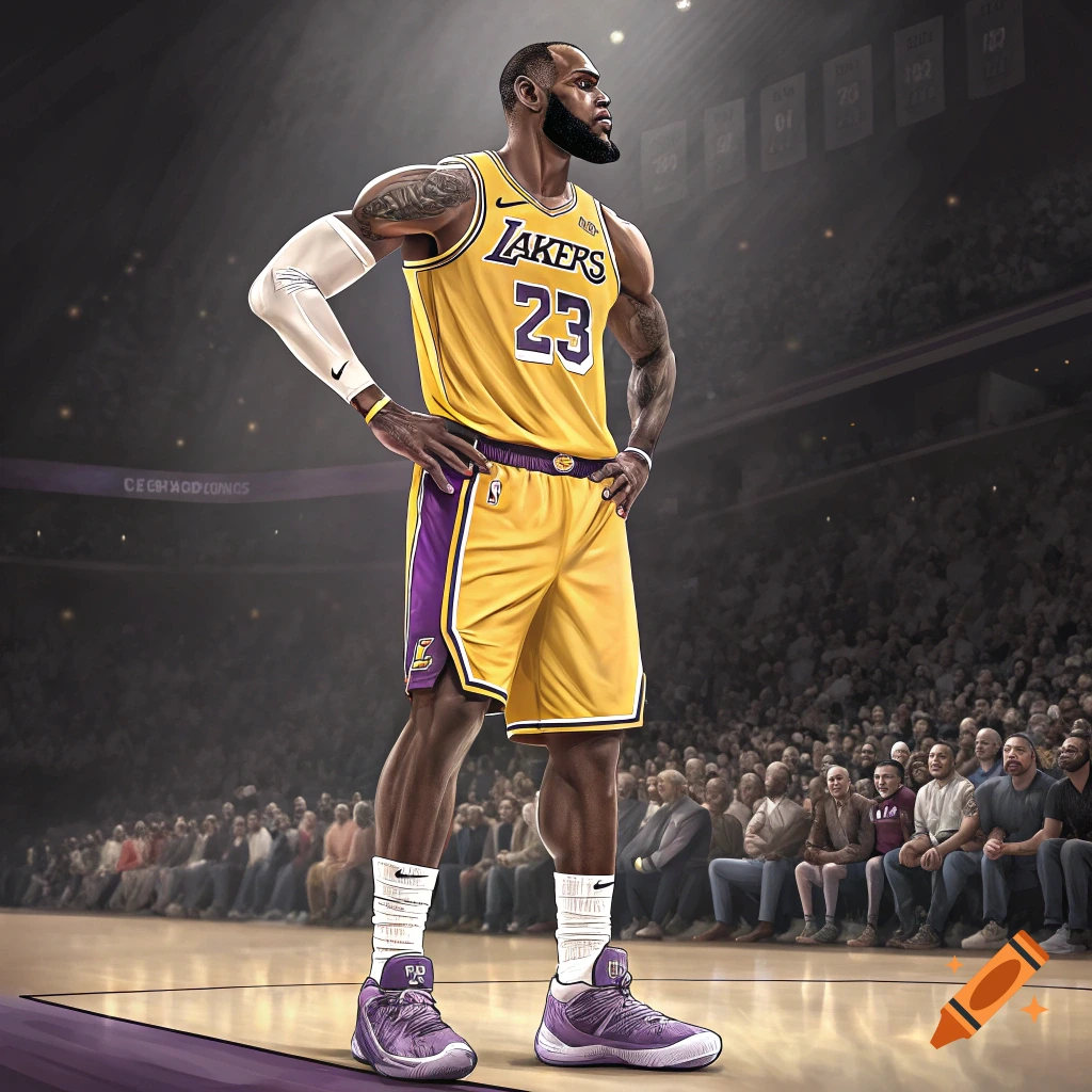LeBron James in a yellow and purple Lakers uniform stands on a ...