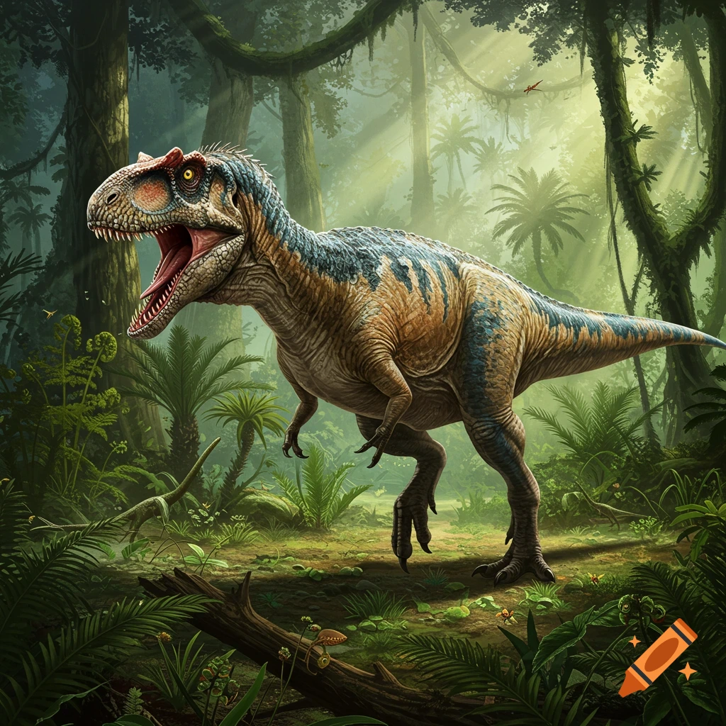 A photorealistic Allosaurus with blue and brown skin stands in a lush ...