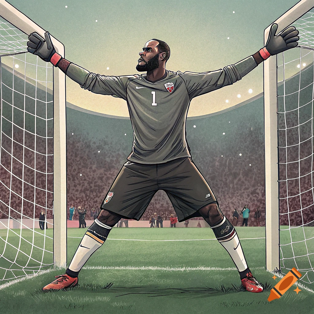 An illustrated image of a dark-skinned male soccer goalkeeper with a ...