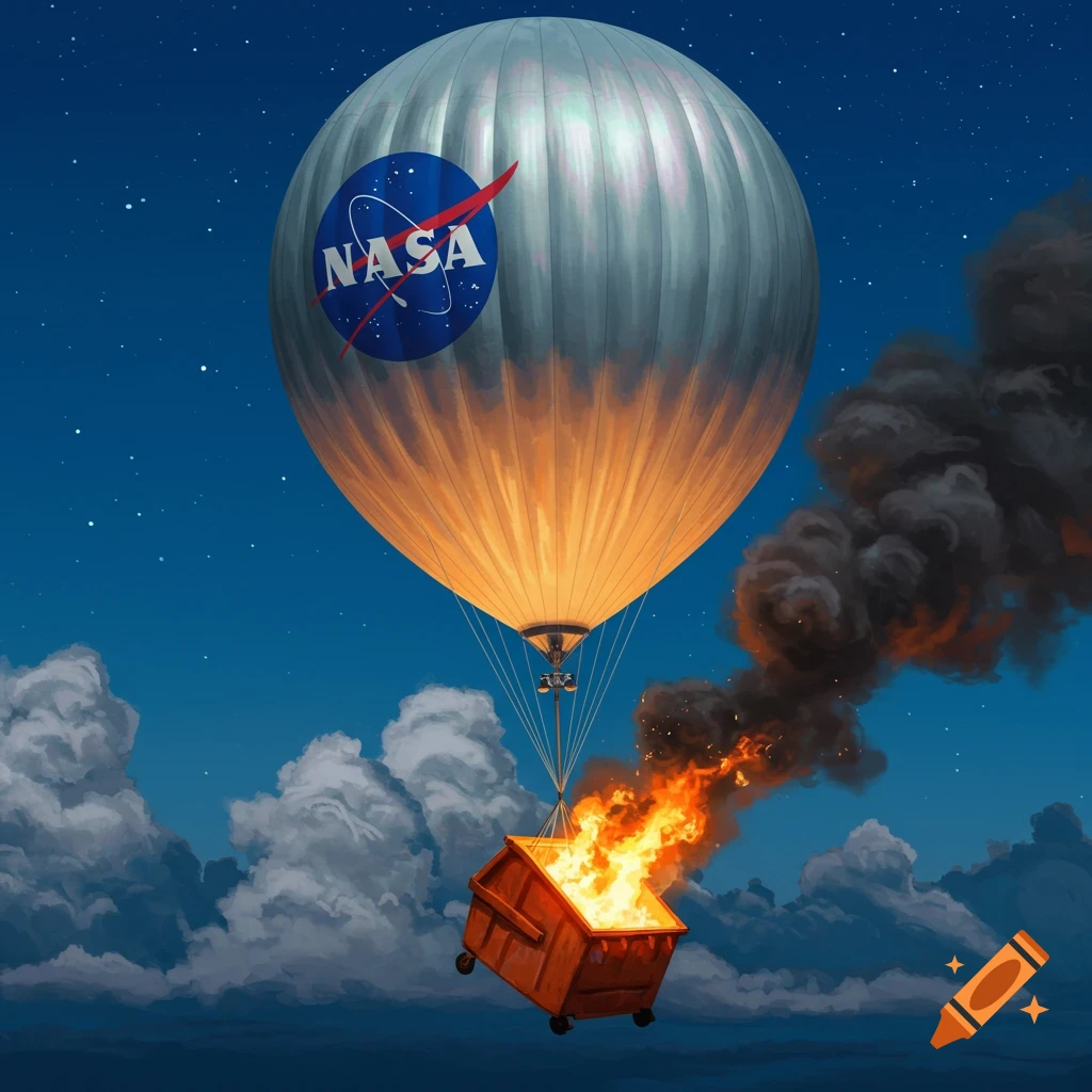 A hot air balloon with a NASA logo carries a burning dumpster through a starry night sky. on Craiyon