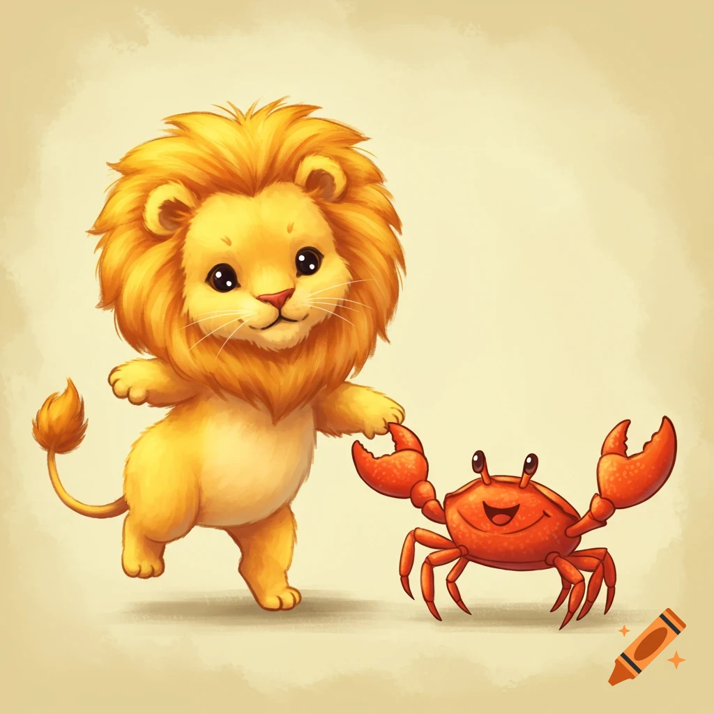 A cute cartoon lion and a red crab dancing together. on Craiyon