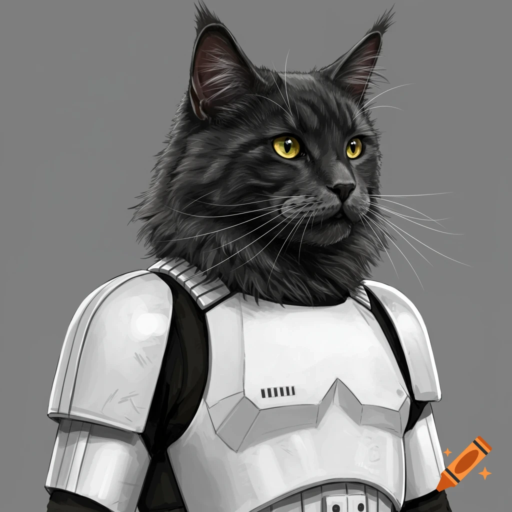 A black Maine Coon cat with yellow eyes wearing white stormtrooper ...