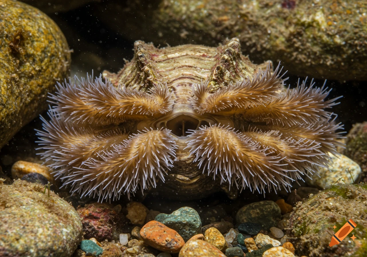 A detailed, photorealistic close-up of a "bearded clam" or similar bivalve mollusk with feathery ...