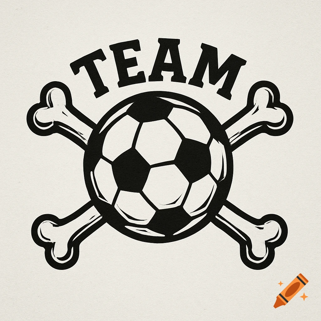 A black and white team logo featuring a soccer ball and crossed bones ...