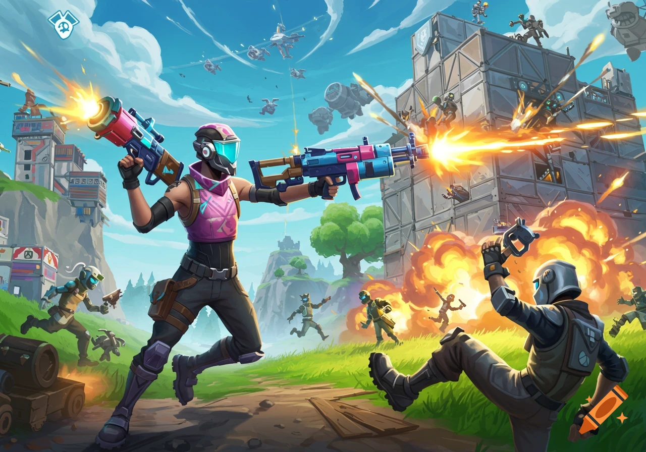 A vibrant Fortnite battle scene with multiple characters engaged in ...