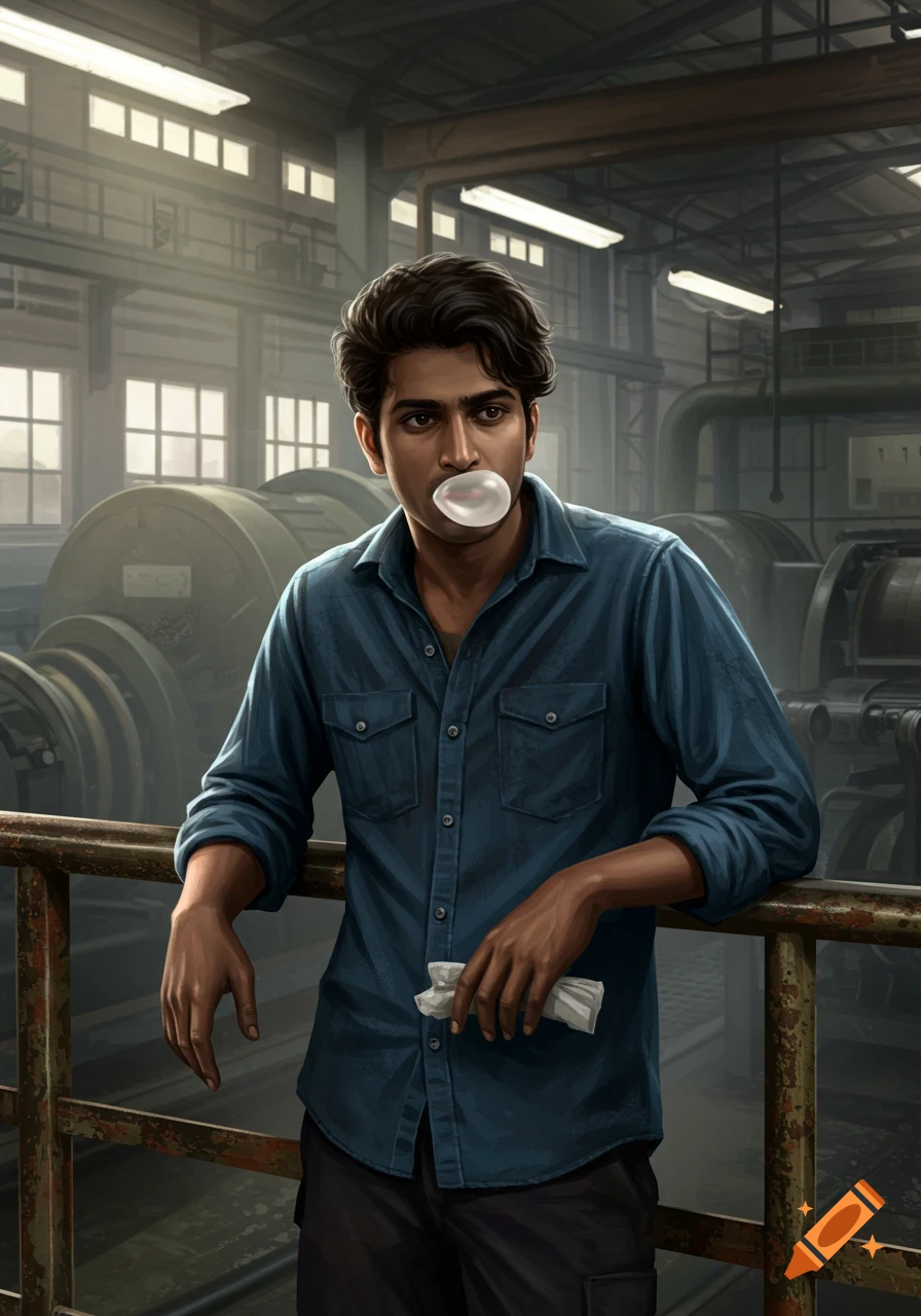 An illustrated portrait of an Indian man chewing gum, leaning on a ...