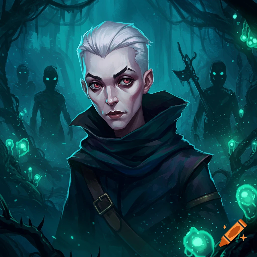 A white-haired character with red eyes in dark clothes stands in a dark ...