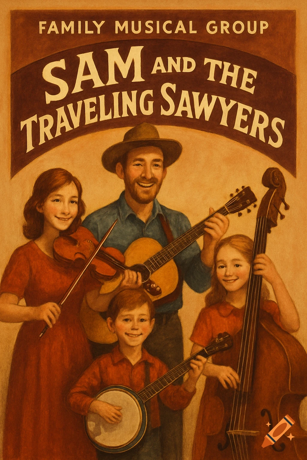 An illustration of a smiling family musical group. A man in a hat plays ...