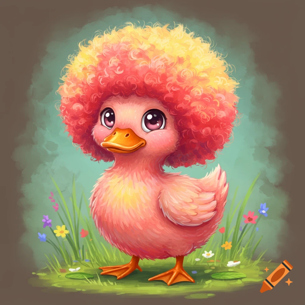 A cute, pink-red and yellow duck with a large, curly afro stands in green grass with small ...