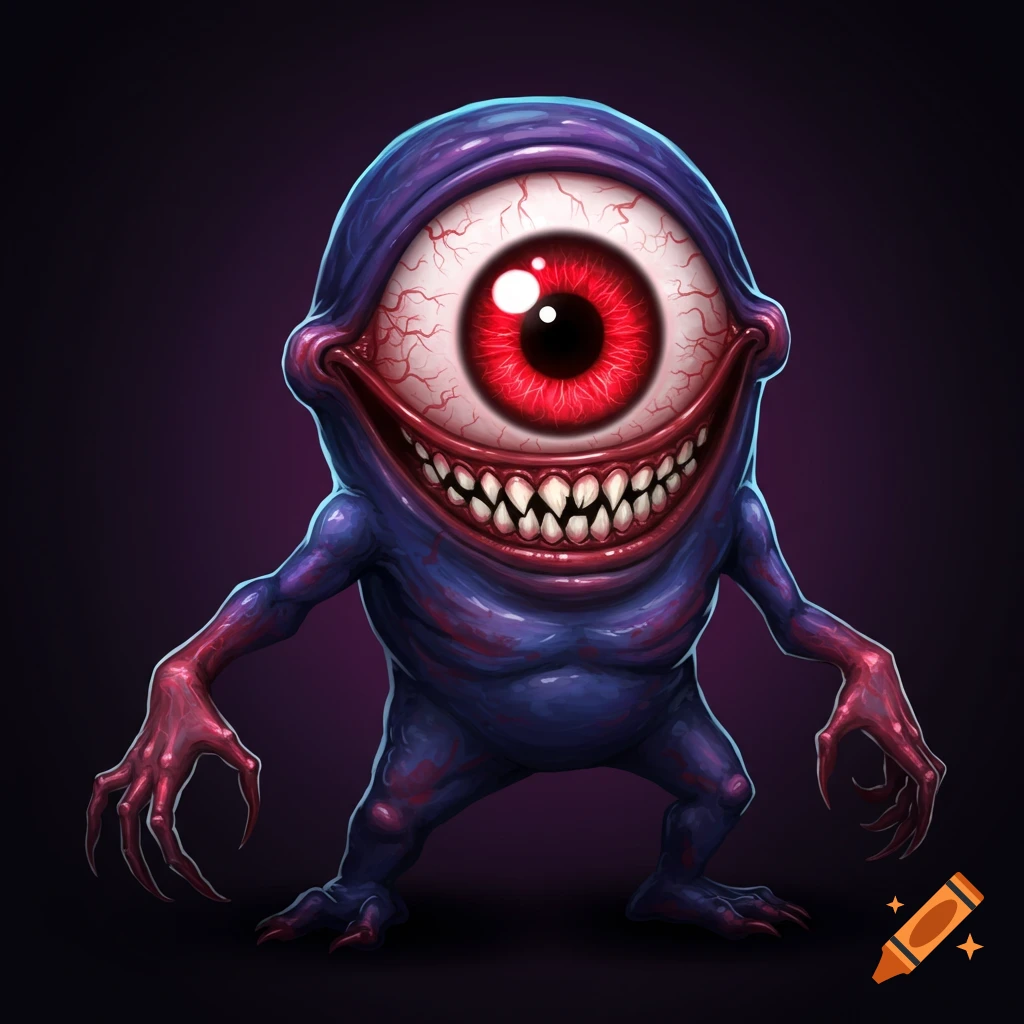 A purple, cyclops monster with a large veiny red eye, sharp teeth, and ...