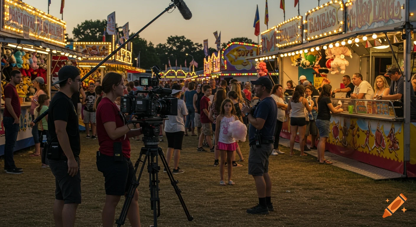 A film crew records a busy county fair at dusk, with bright carnival ...