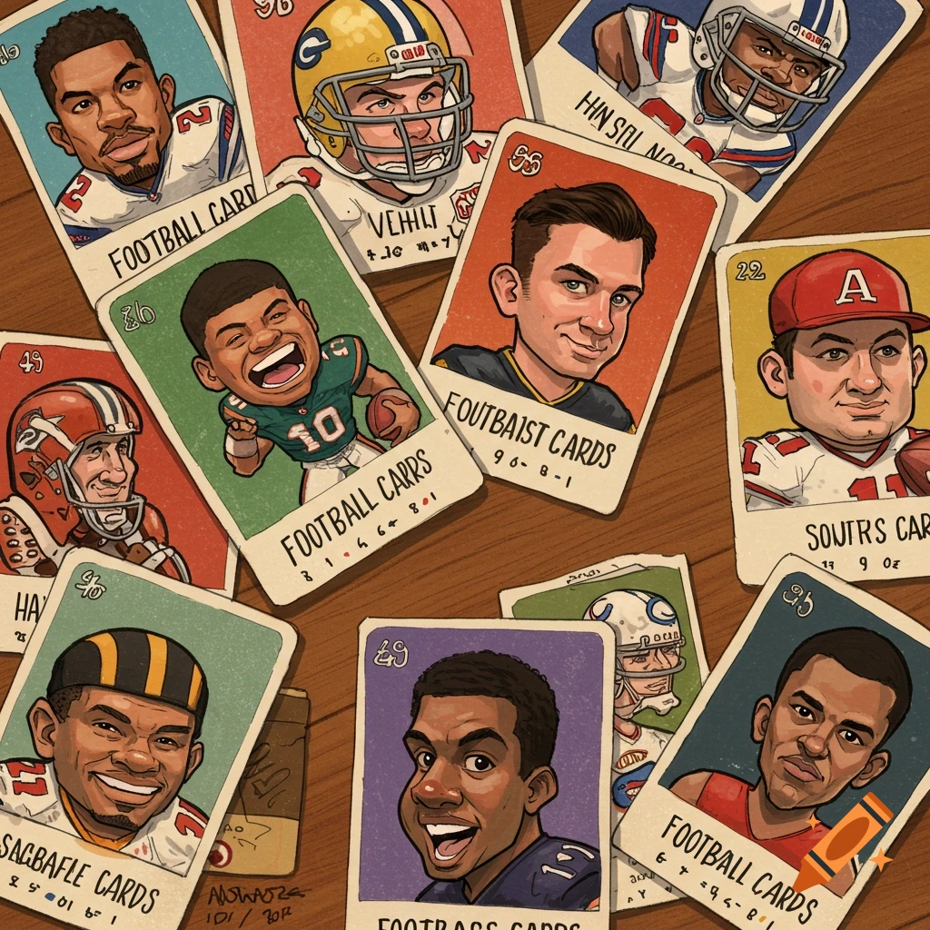 A top-down view of various cartoon-style football trading cards ...