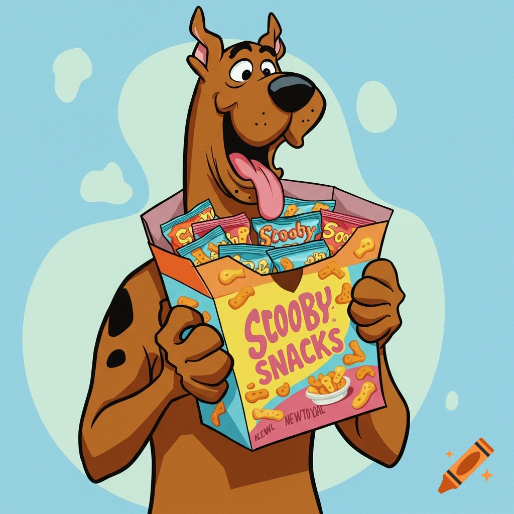 Scooby Doo, a brown cartoon dog, happily holds a large box of Scooby Snacks in a stylized ...