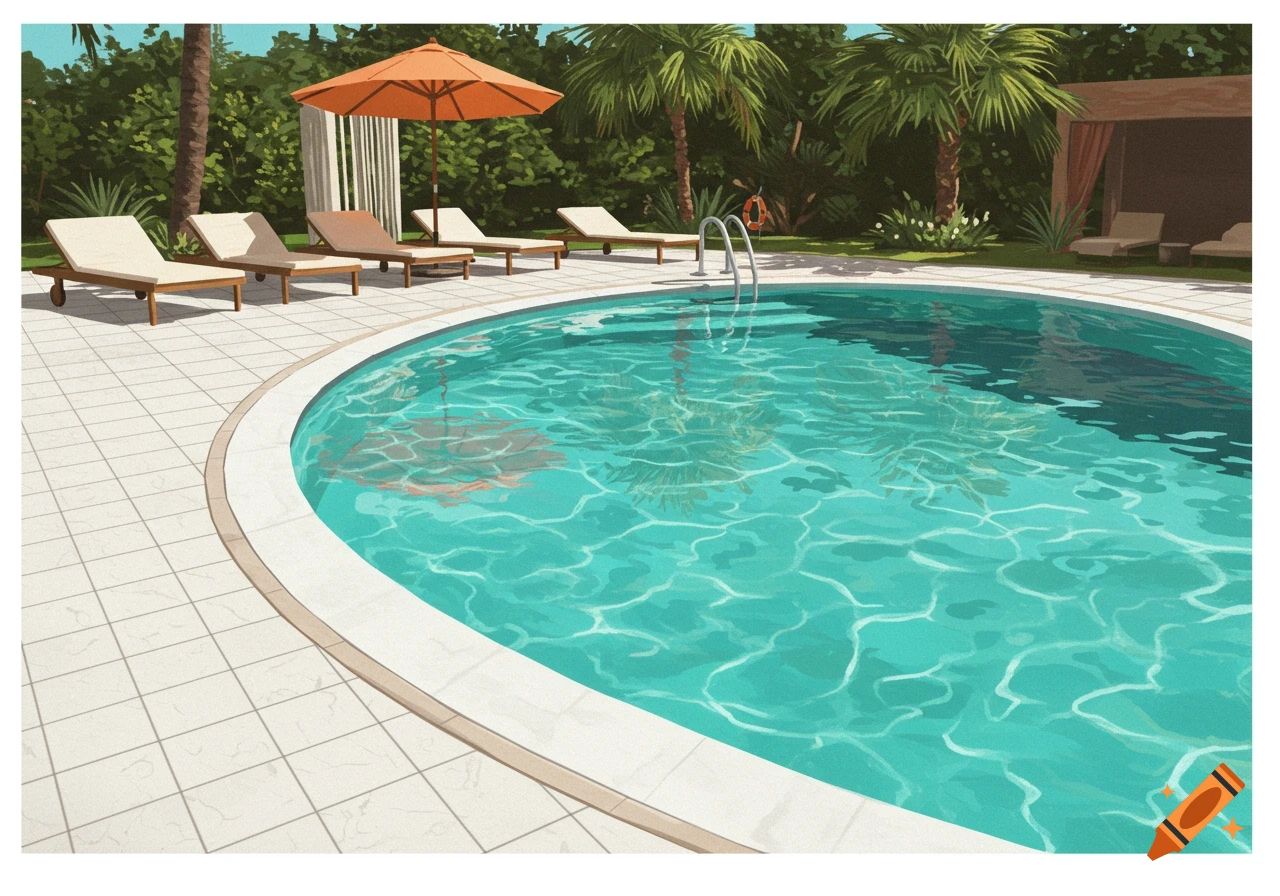 An outdoor swimming pool with lounge chairs, palm trees, and an orange umbrella, rendered in a ...