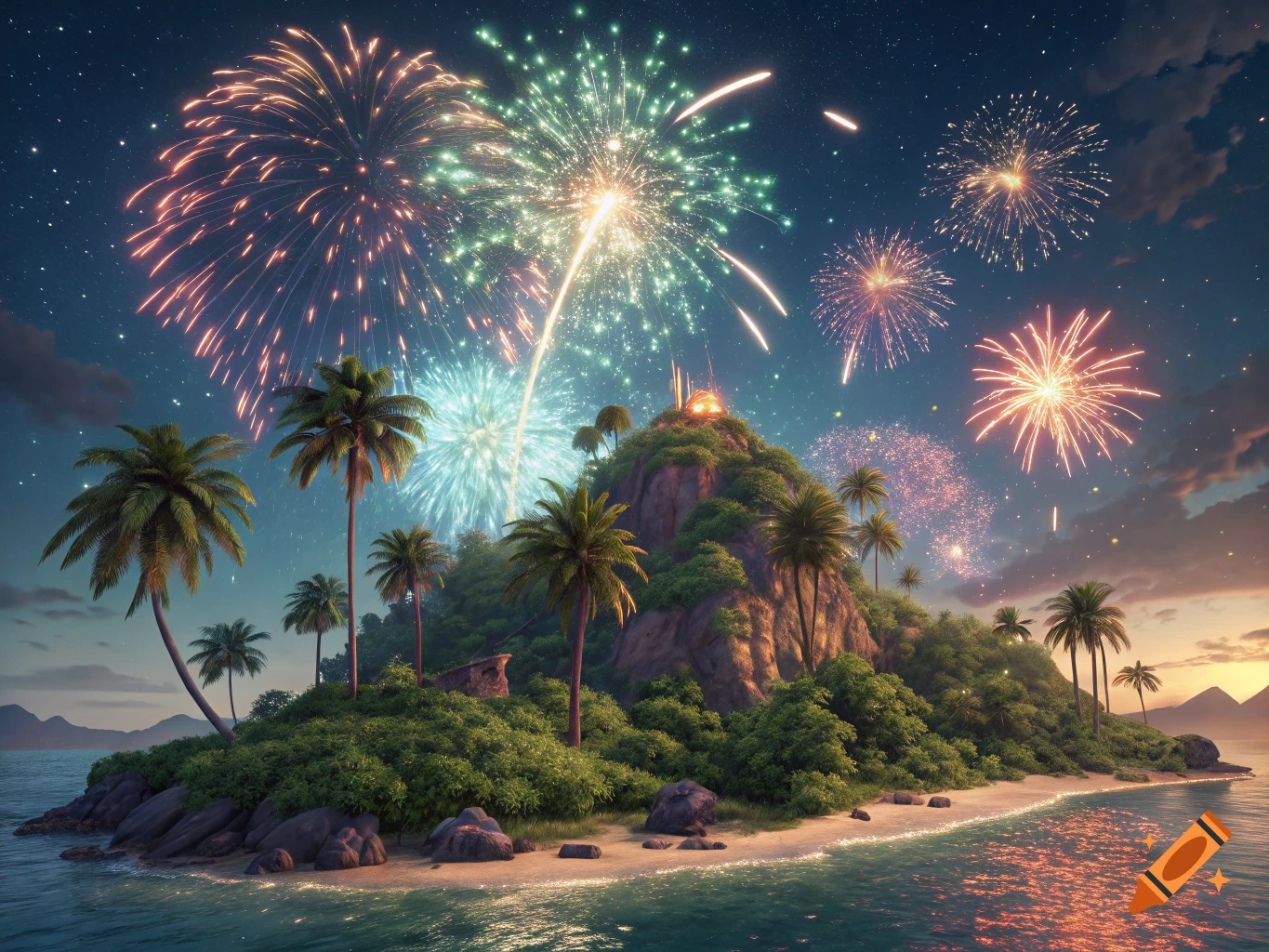 Colorful fireworks explode over a tropical island with palm trees at ...