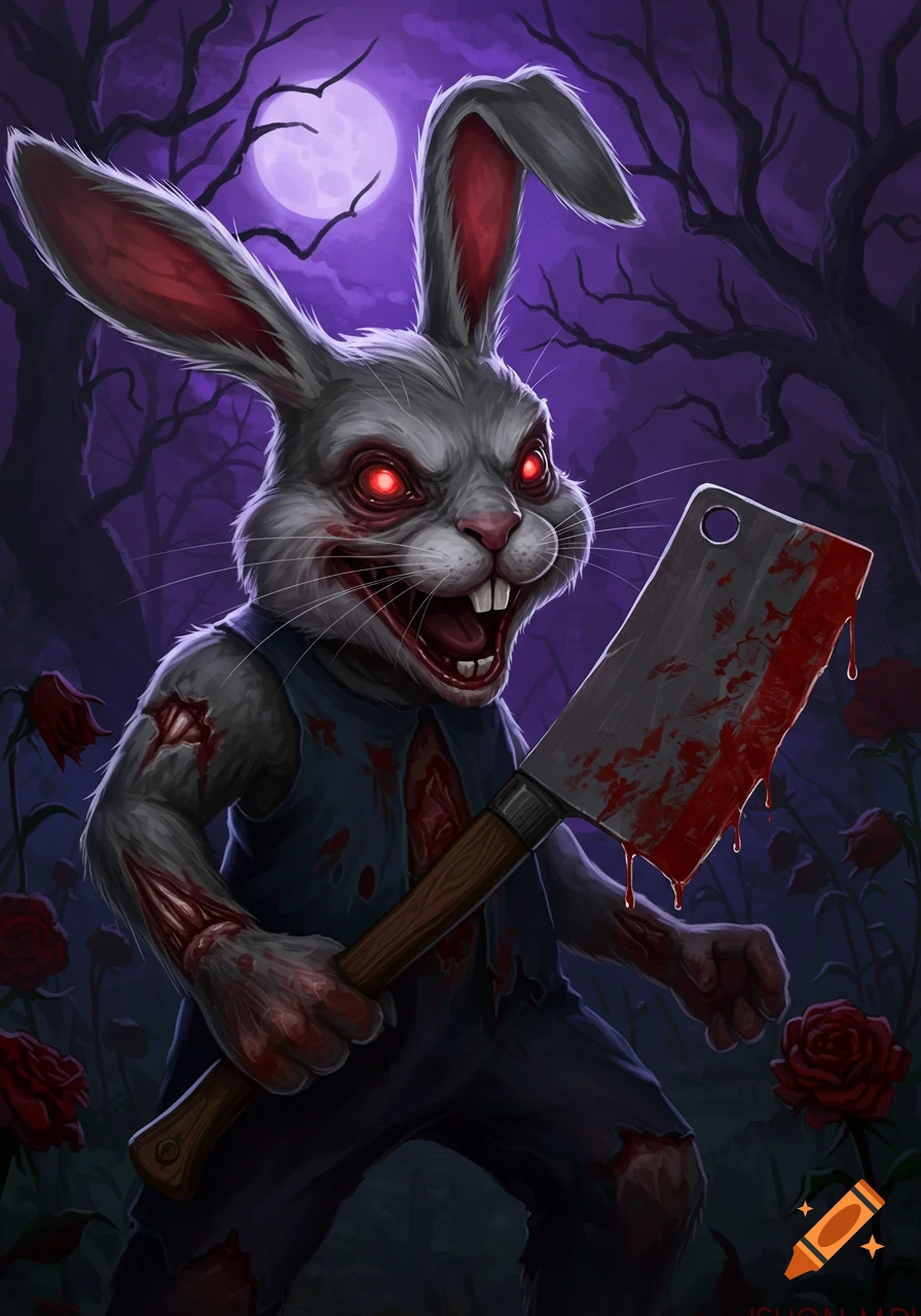 A scary, blood-covered rabbit with glowing red eyes holds a cleaver in ...