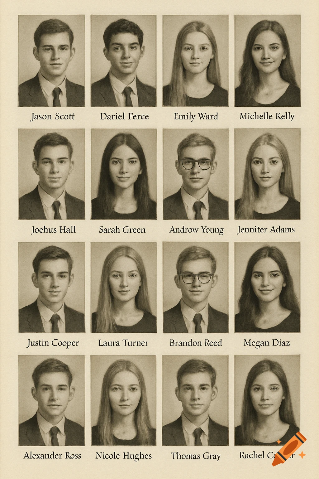 A sepia-toned drawing of a school yearbook page featuring 16 headshots ...