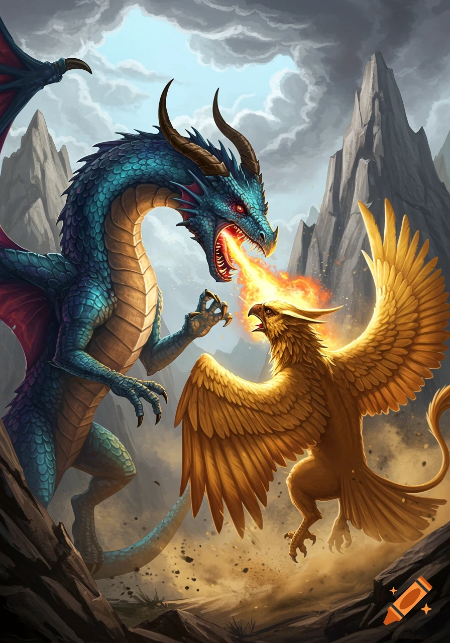 A blue-green dragon breathes fire at a golden griffin in a dramatic ...