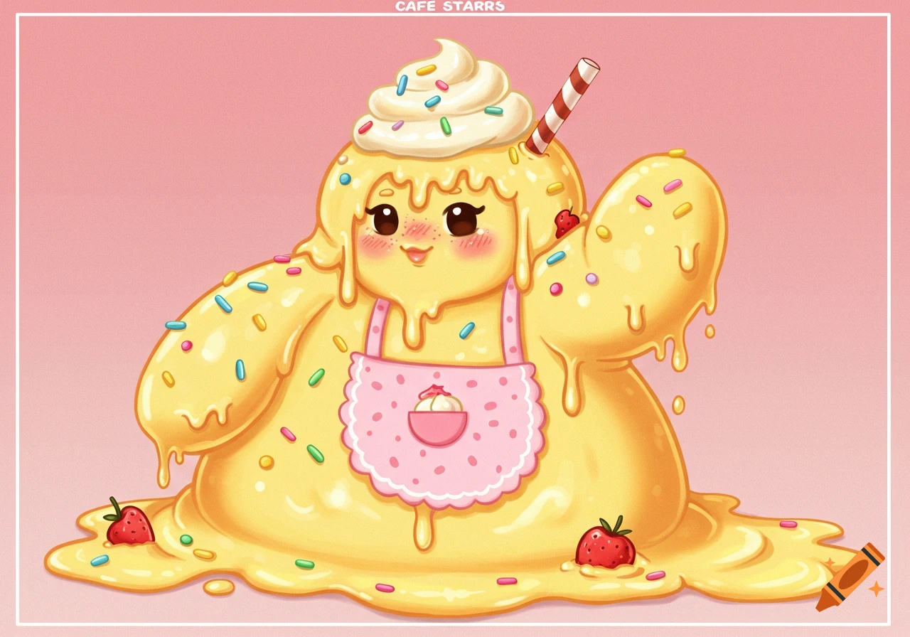 A cute, cartoonish illustration of a melting custard character with ...