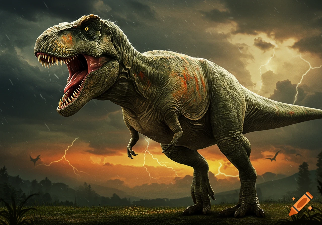 A photorealistic T-Rex roars amidst a stormy prehistoric landscape with ...