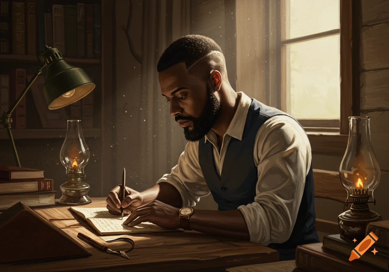 A photorealistic portrait of a Black man with a beard writing in a book ...
