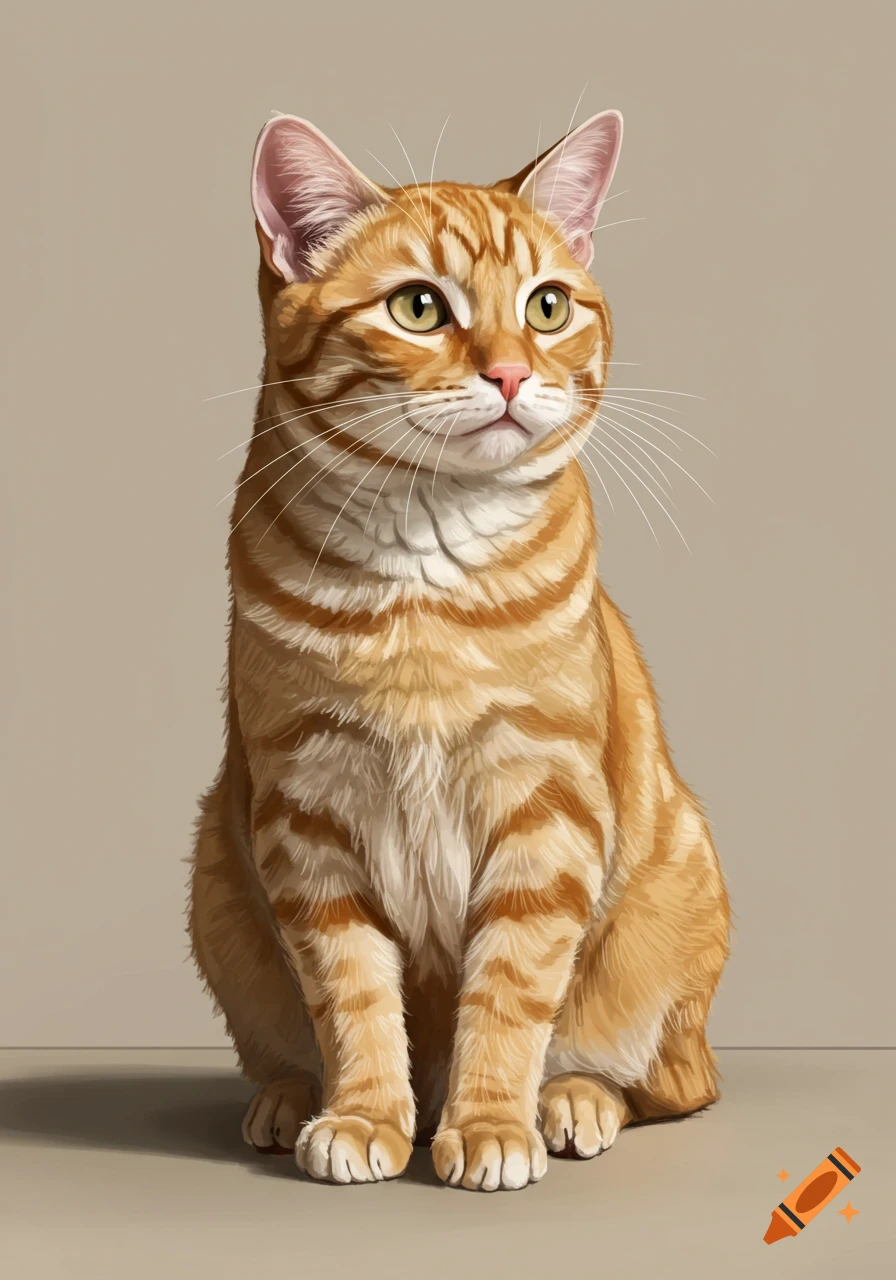 A realistic orange tabby cat with striped fur sits on a plain beige ...