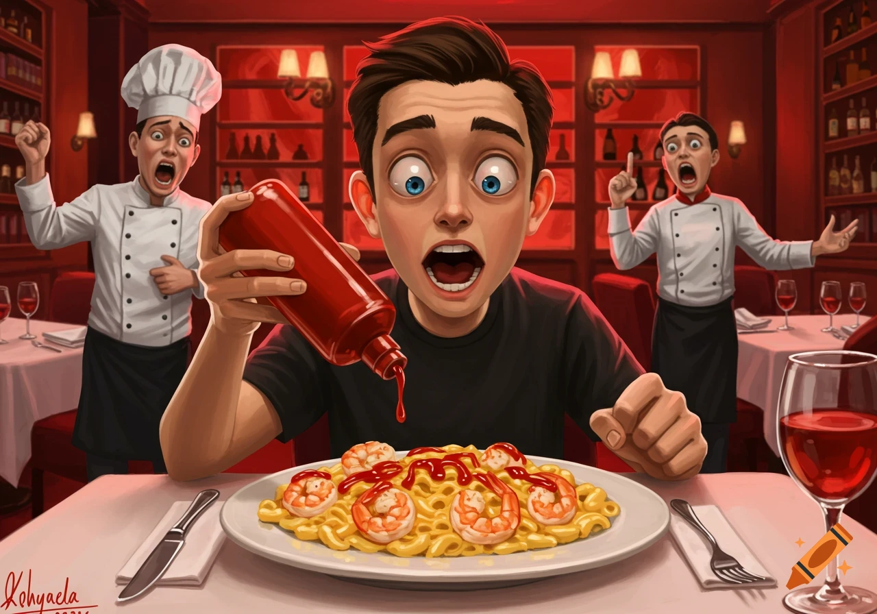 Cartoon of a person putting ketchup on shrimp mac and cheese in a ...