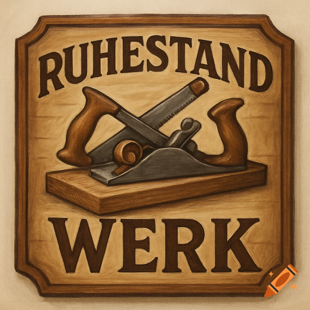 A rustic wooden sign with the words 'RUHESTAND WERK' above and below a ...
