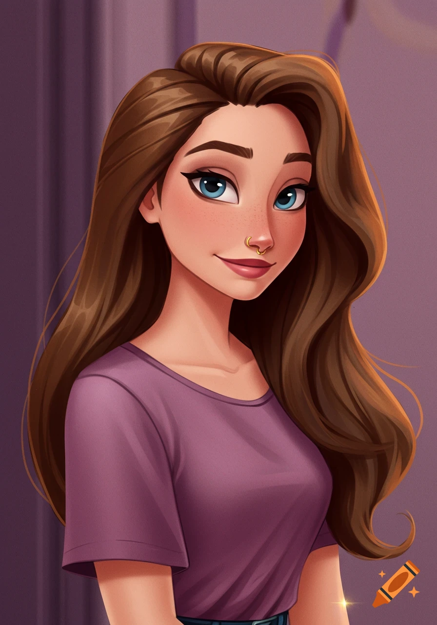 A Disney-style cartoon woman with long brown hair, blue eyes, freckles ...