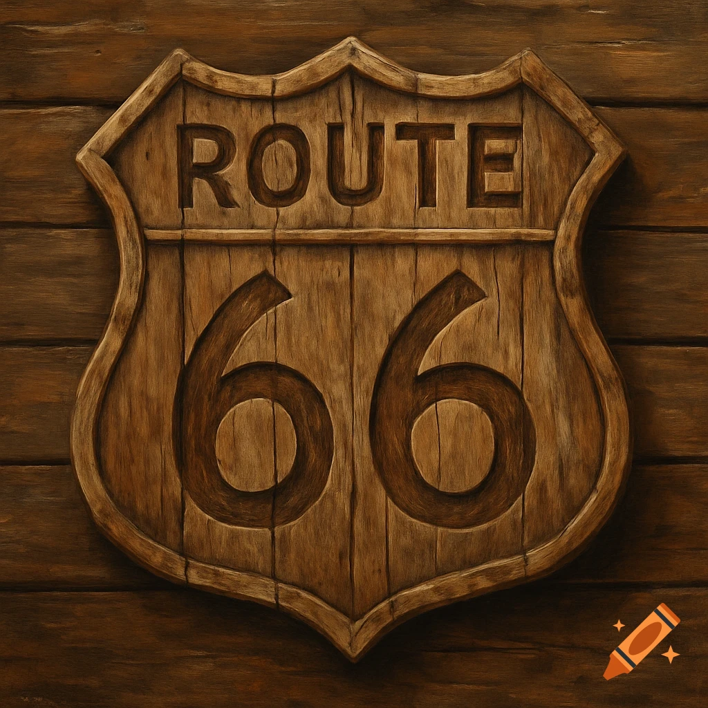 A photorealistic wooden sign with 'ROUTE 66' carved into it, set ...