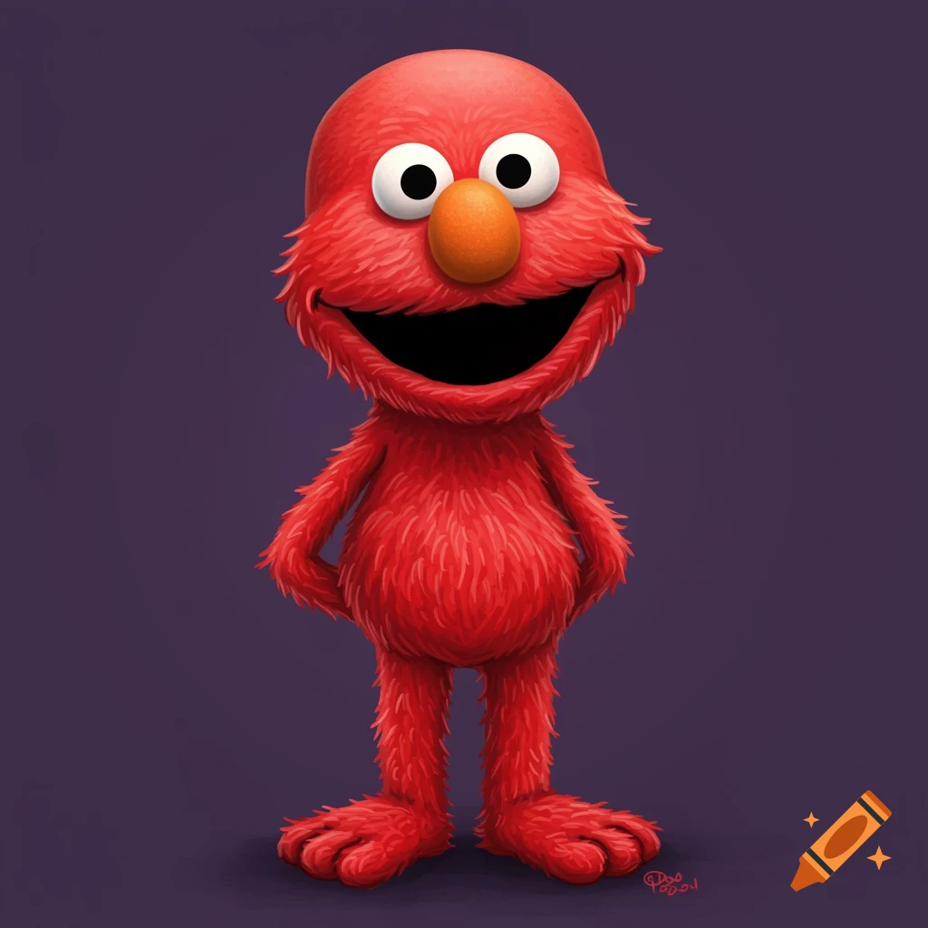 A smiling, hairless red Elmo character with large eyes and an orange ...